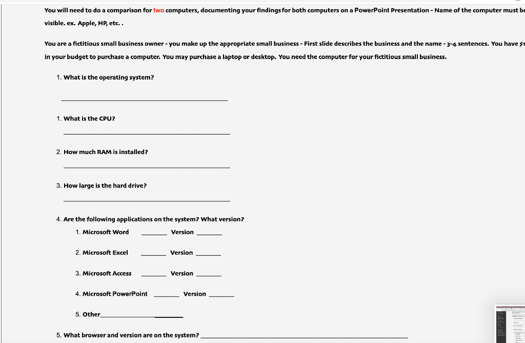 Solved You will need to do a comparison for two computers, | Chegg.com