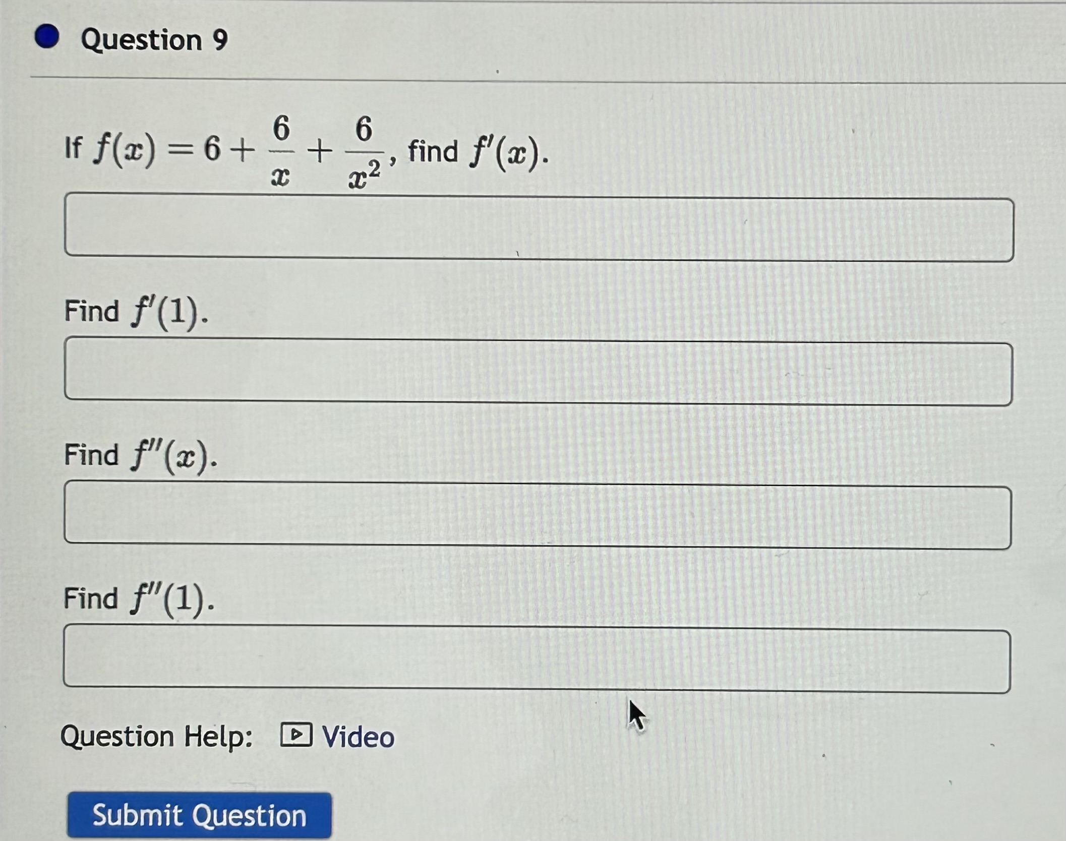 Solved Let f(x)=x2+9. Then f′(x) is f′(1) is f′′(x) is and | Chegg.com