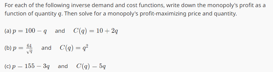 Solved For each of the following inverse demand and cost | Chegg.com