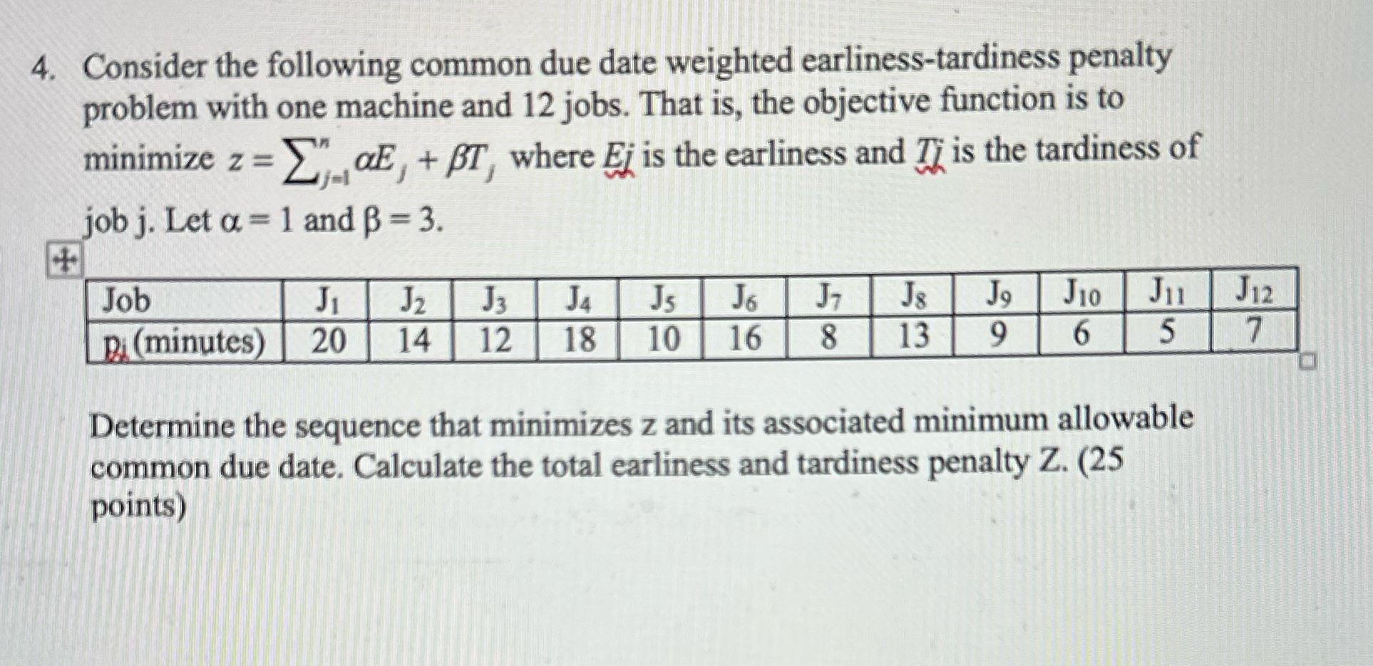 Solved 4. Consider the following common due date weighted | Chegg.com