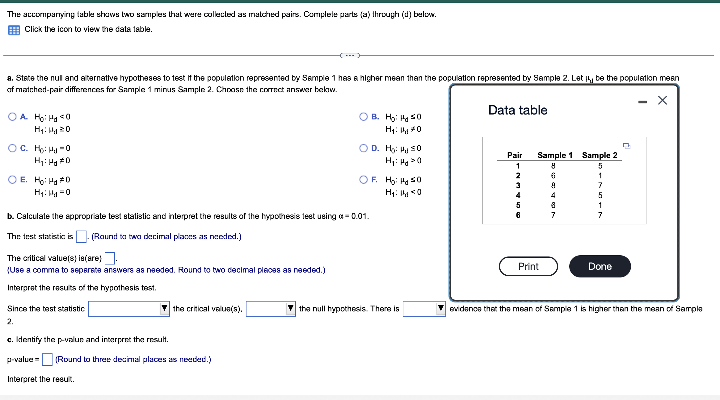 Solved The accompanying table shows two samples that were | Chegg.com