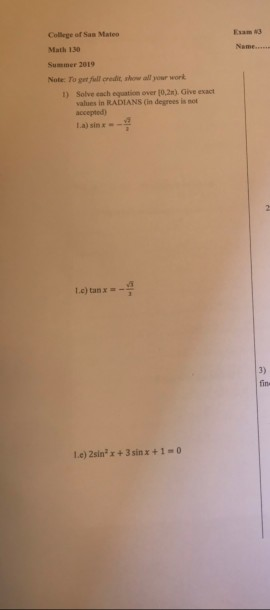 Solved Name College of San Mateo Math 130 Summer 2019 Note | Chegg.com