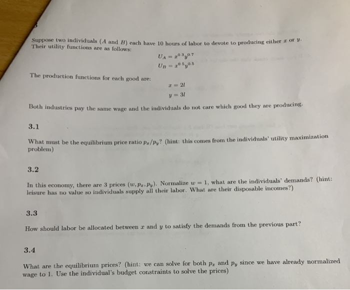 Solved Or Suppose Two Individuals A And Their Utility