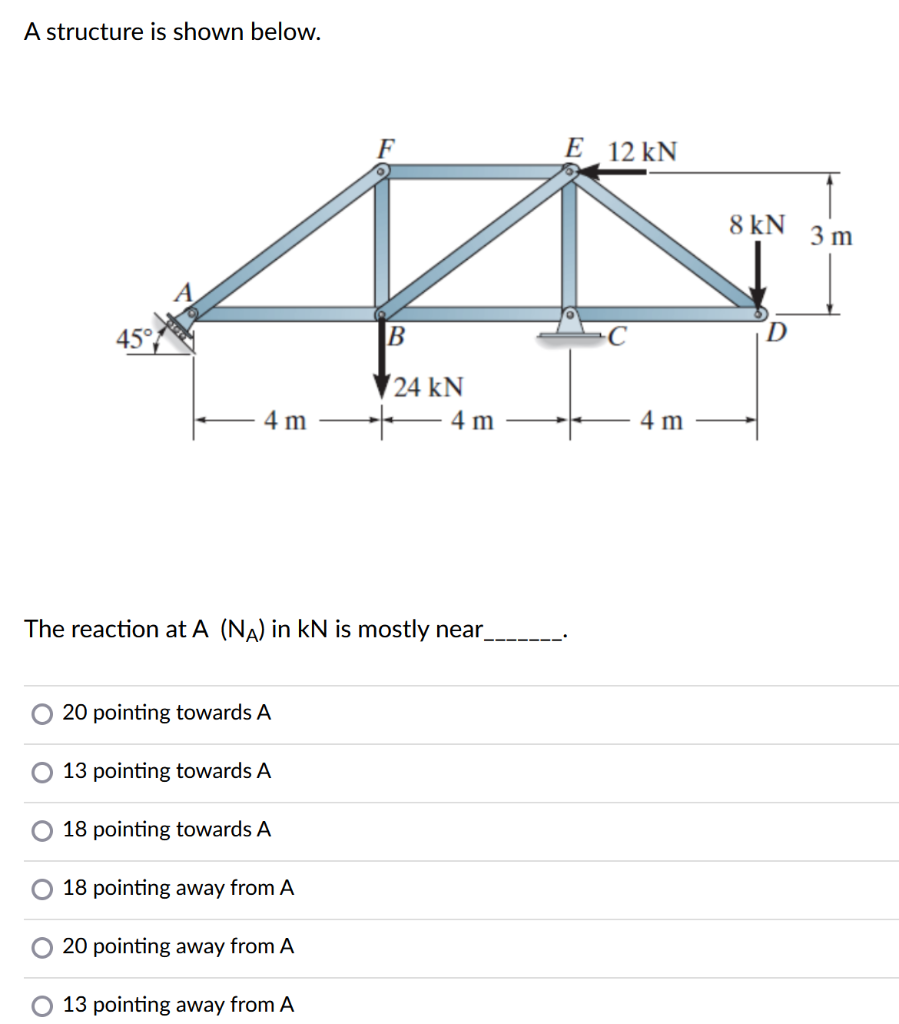 Solved A structure is shown below. F E 12 kN 8 kN 3 m 45°, B | Chegg.com
