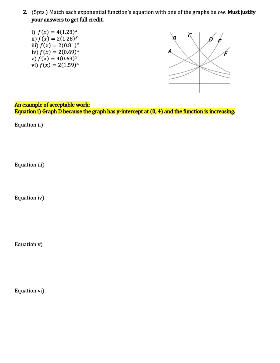 Solved 2. (5pts.) Match each exponential function's equation | Chegg.com