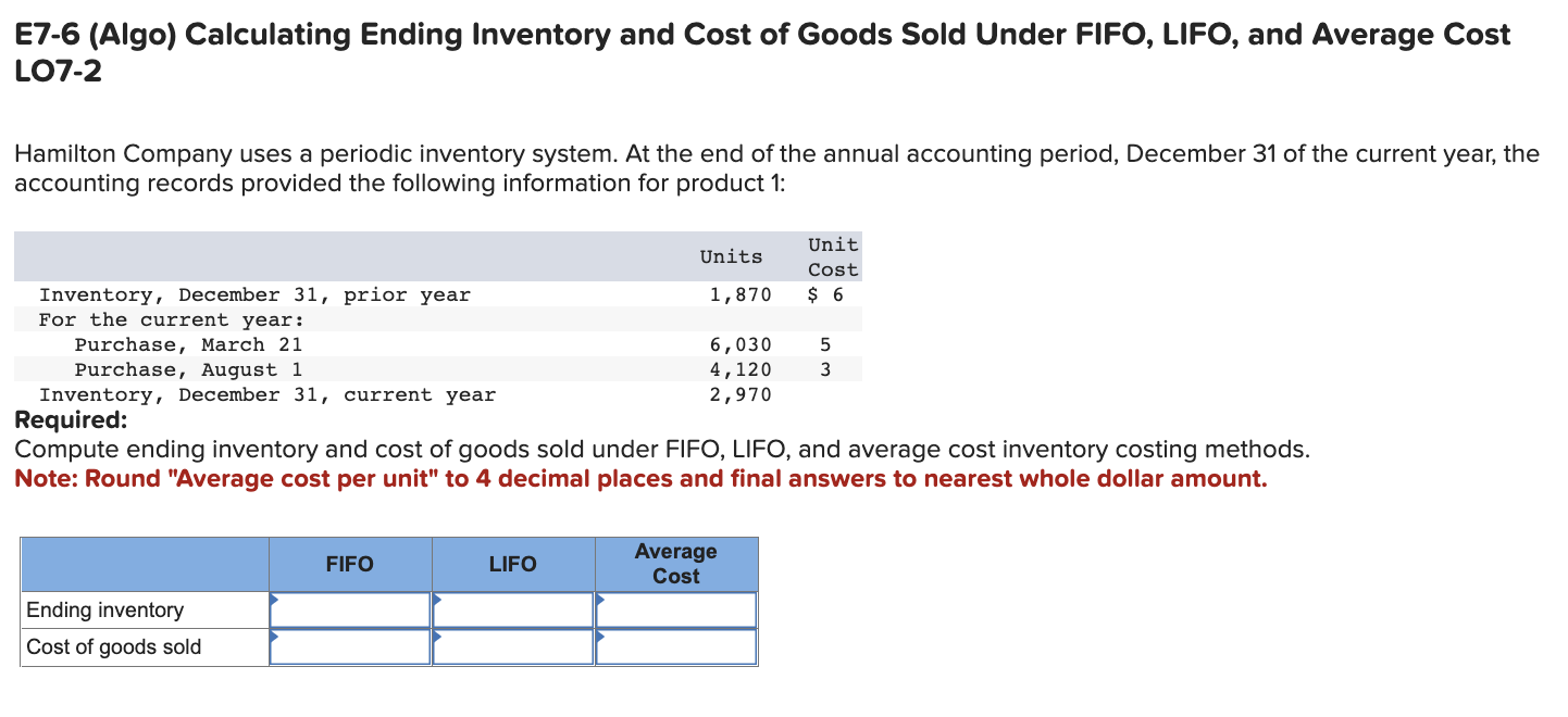 Solved E7-6 (Algo) Calculating Ending Inventory and Cost of | Chegg.com