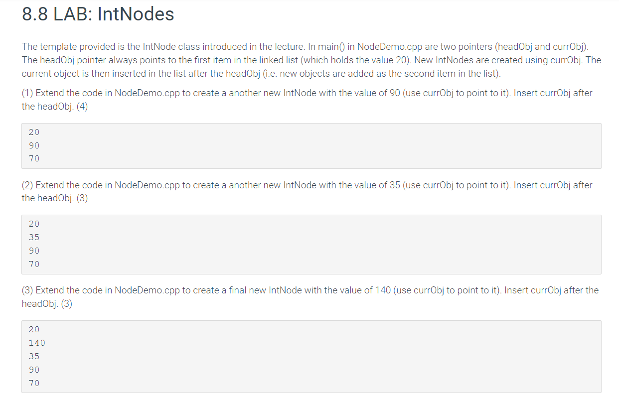 Solved 8.8 LAB: IntNodes C++ The template provided is the | Chegg.com