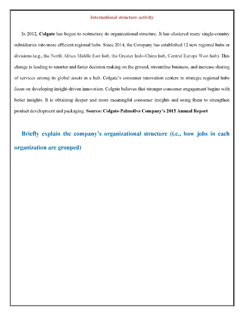 Solved International structure activity In 2012, Colgate has | Chegg.com
