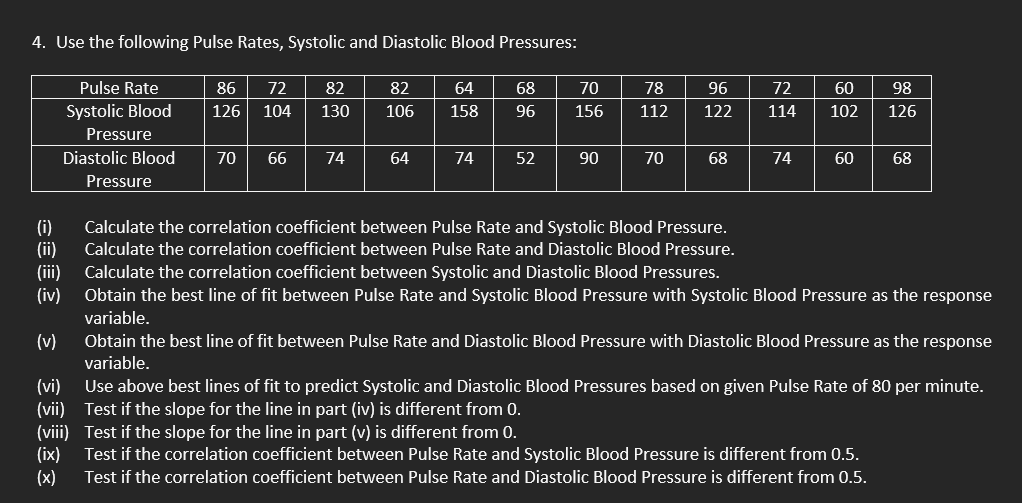 Solved 4. Use the following Pulse Rates, Systolic and | Chegg.com