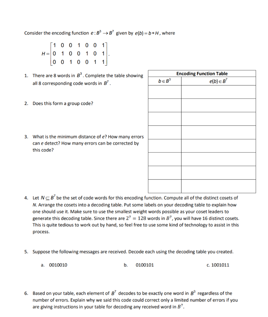 Consider the encoding function e: B→B' given by | Chegg.com