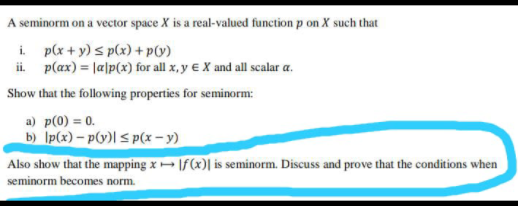 A seminorm on a vector space X is a real-valued | Chegg.com