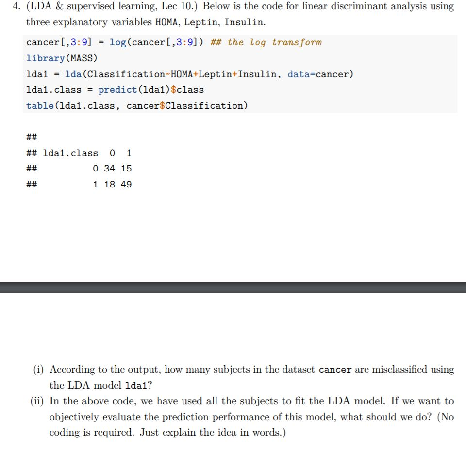 Solved 4. (LDA & supervised learning, Lec 10.) Below is the | Chegg.com