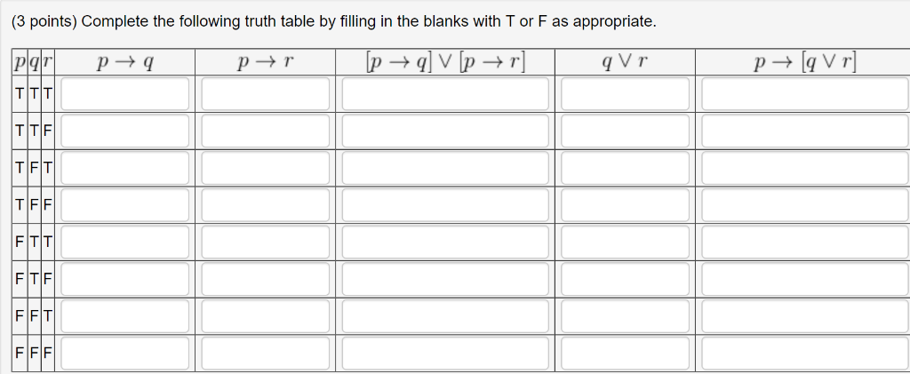 Solved (3 points) Complete the following truth table by | Chegg.com