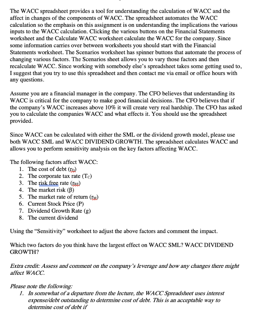 The WACC spreadsheet provides a tool for | Chegg.com