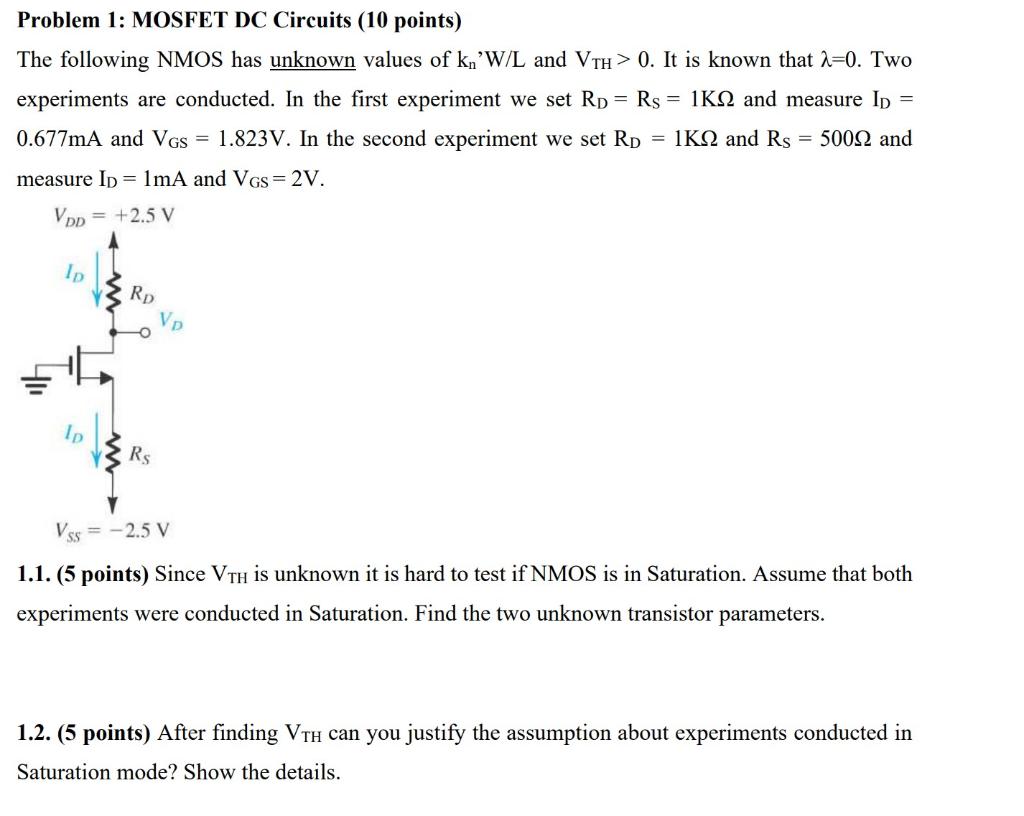 Solved Problem 1: MOSFET DC Circuits (10 points) The | Chegg.com