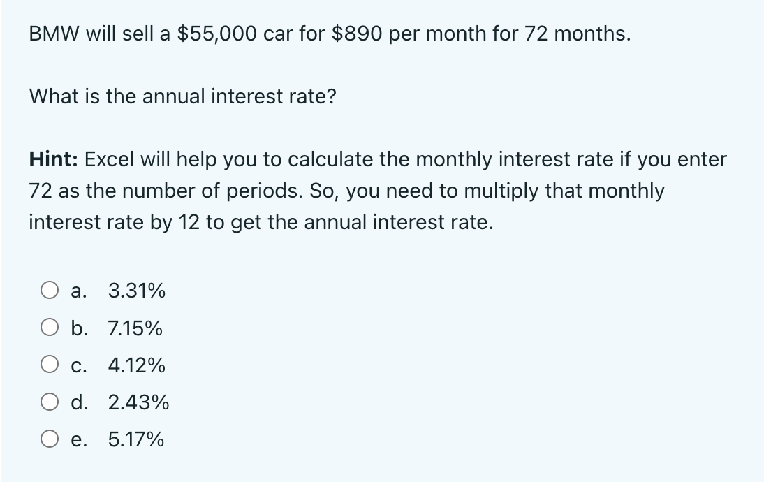 Solved BMW will sell a $55,000 car for $890 per month for 72 | Chegg.com