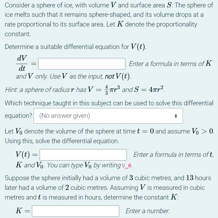 Solved dtdV=∣ Enter a formula in terms of K and V only. Use | Chegg.com