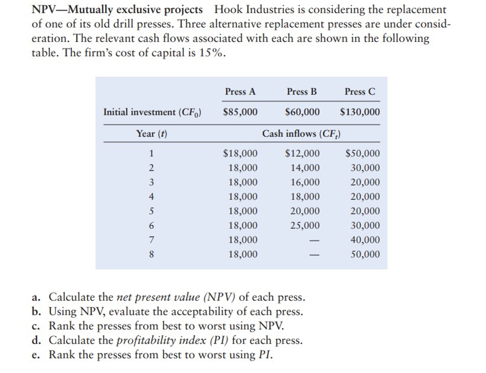 Solved NPV: Mutually exclusive projects Hook Industries is | Chegg.com