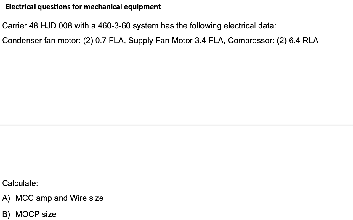 Solved Electrical questions for mechanical equipment Carrier | Chegg.com
