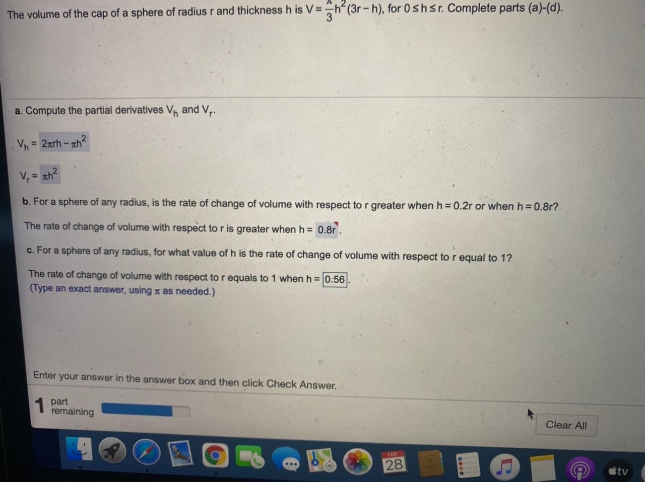 Solved The volume of the cap of a sphere of radius r and | Chegg.com