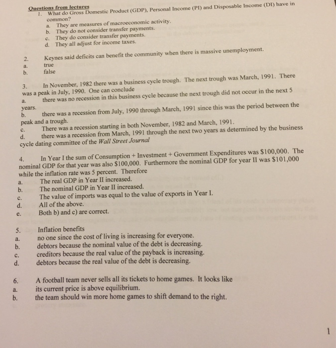 Solved Questions from lectures I. What do Gross Domestic | Chegg.com