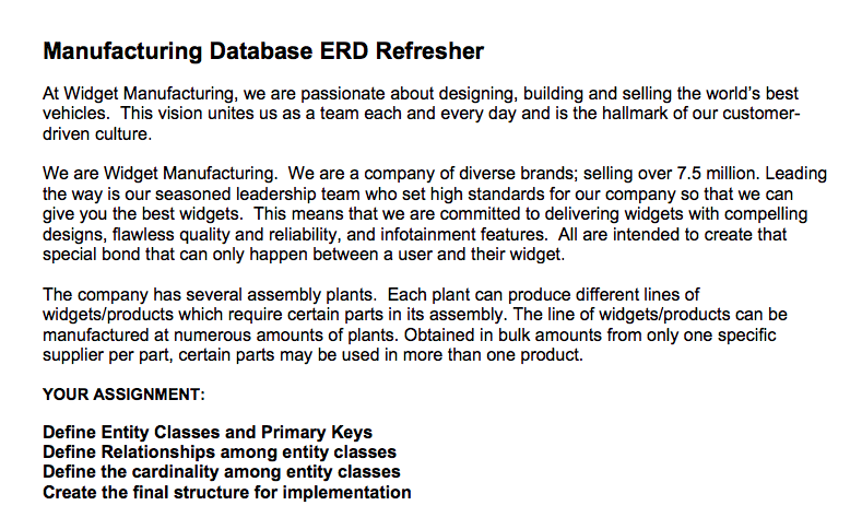 Manufacturing Database ERD Refresher At Widget | Chegg.com