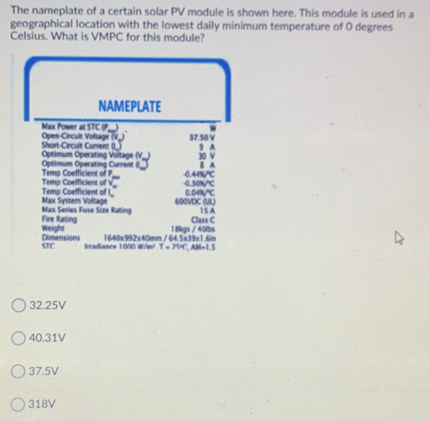 The nameplate of a certain solar PV module is shown | Chegg.com