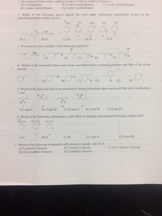 Solved The expected Markovnikov addition product of HI to | Chegg.com