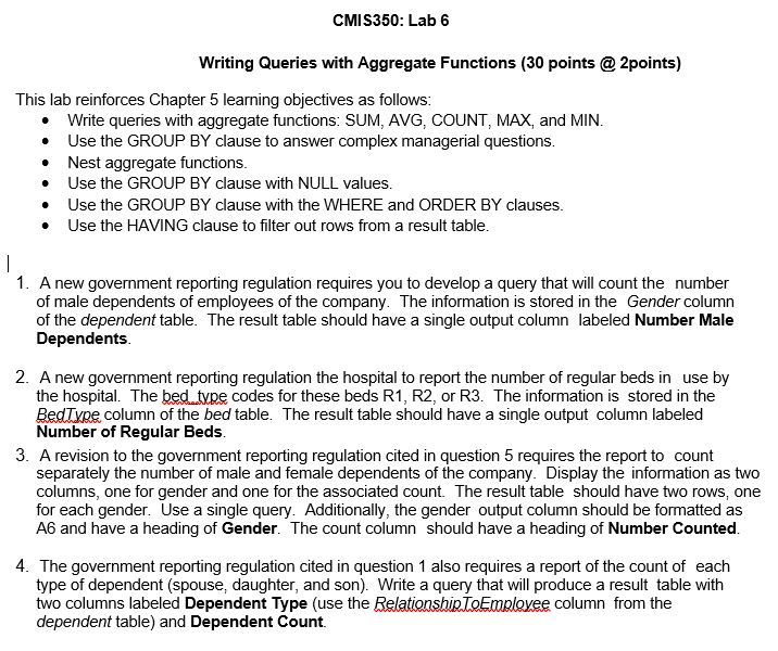 CMIS350: Lab 6 Writing Queries with Aggregate | Chegg.com