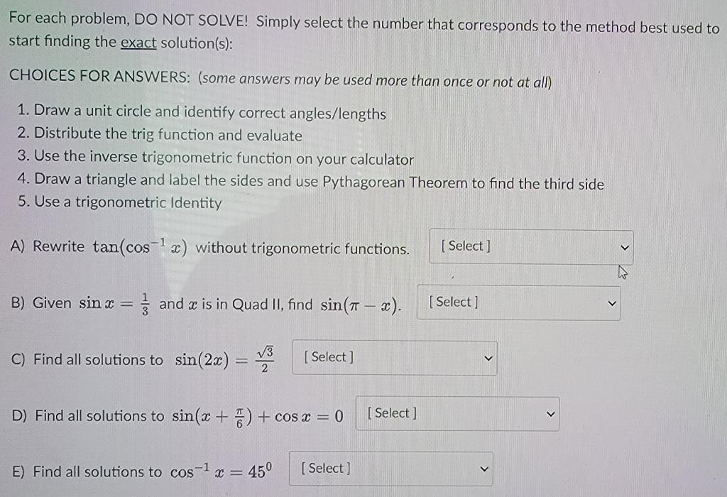 Solved For each problem, DO NOT SOLVE! Simply select the | Chegg.com