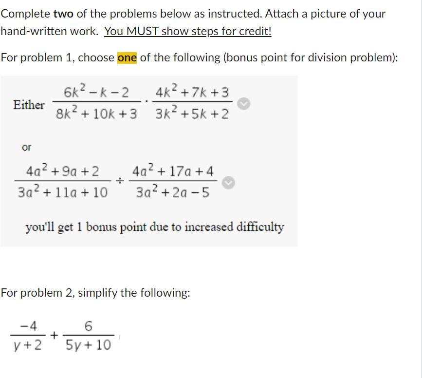 Solved Complete two of the problems below as instructed. | Chegg.com