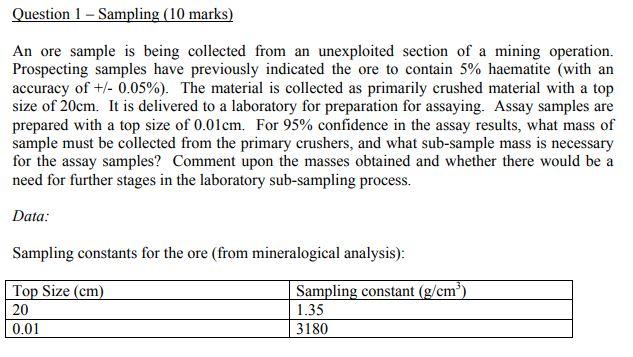 Question 1 - Sampling (10 marks) An ore sample is | Chegg.com