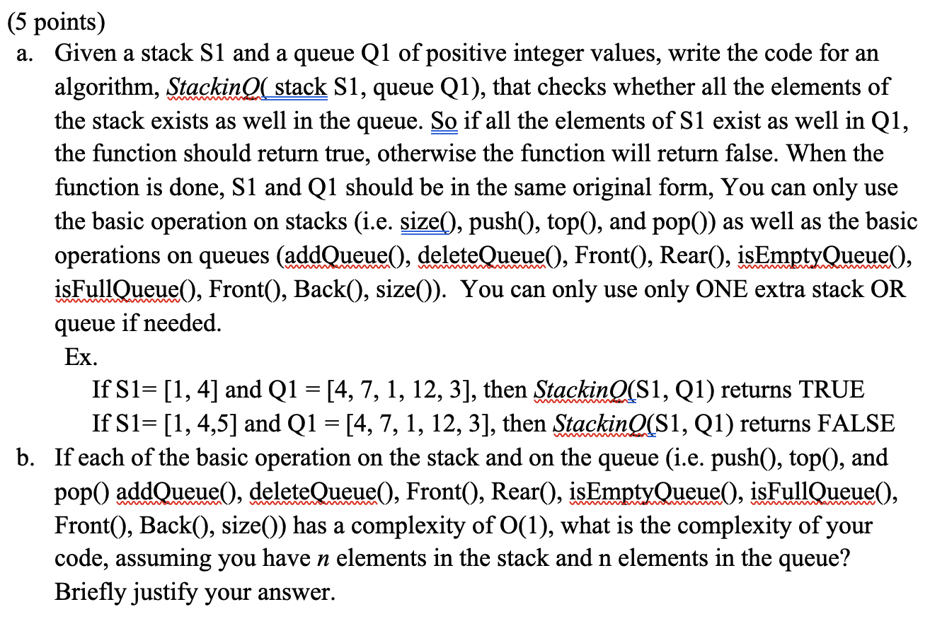 Solved (5 points) a. Given a stack S1 and a queue Q1 of | Chegg.com