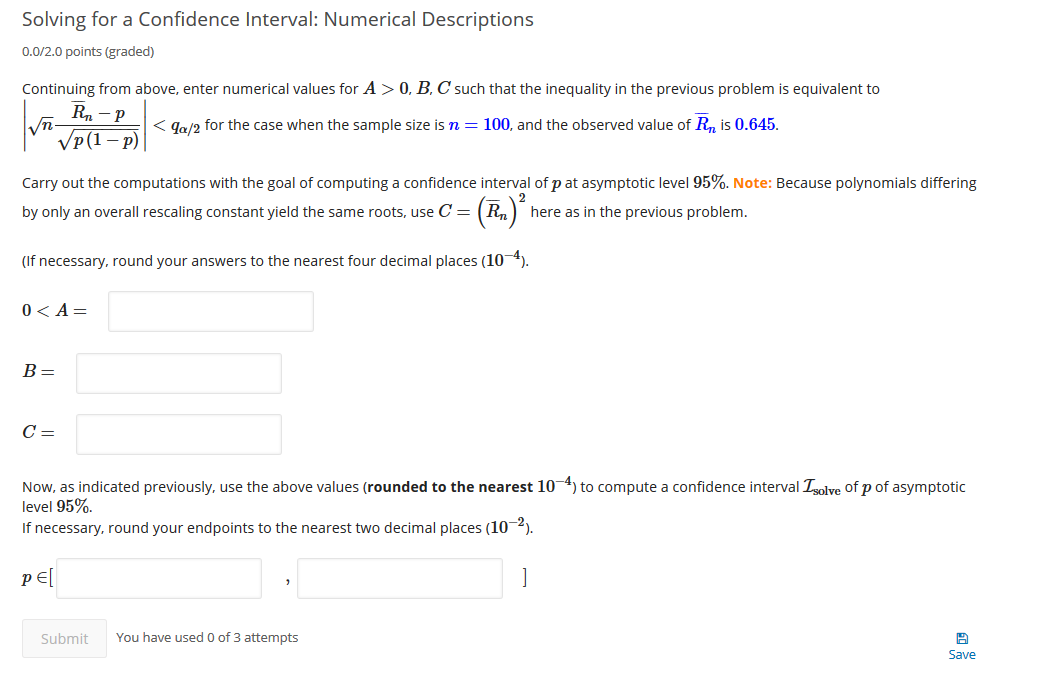 Solving for a Confidence Interval: Algebra 2/2 points | Chegg.com