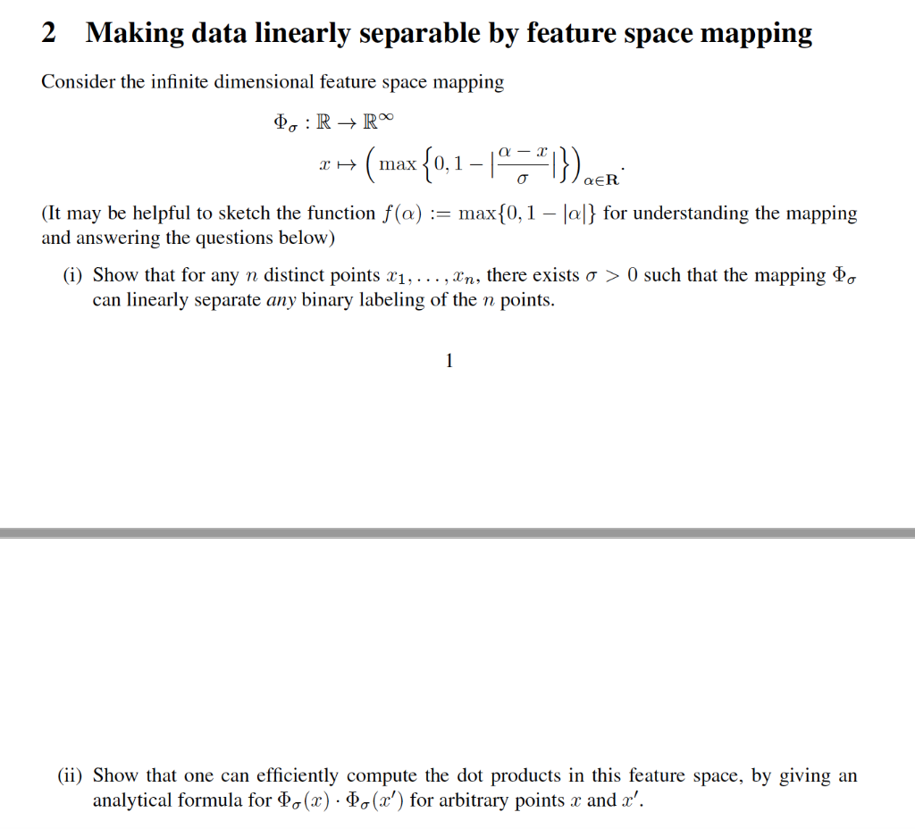 2 Making data linearly separable by feature space | Chegg.com