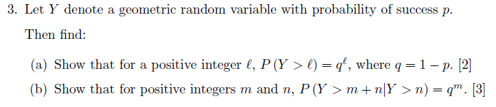 Solved 3. Let Y denote a geometric random variable with | Chegg.com
