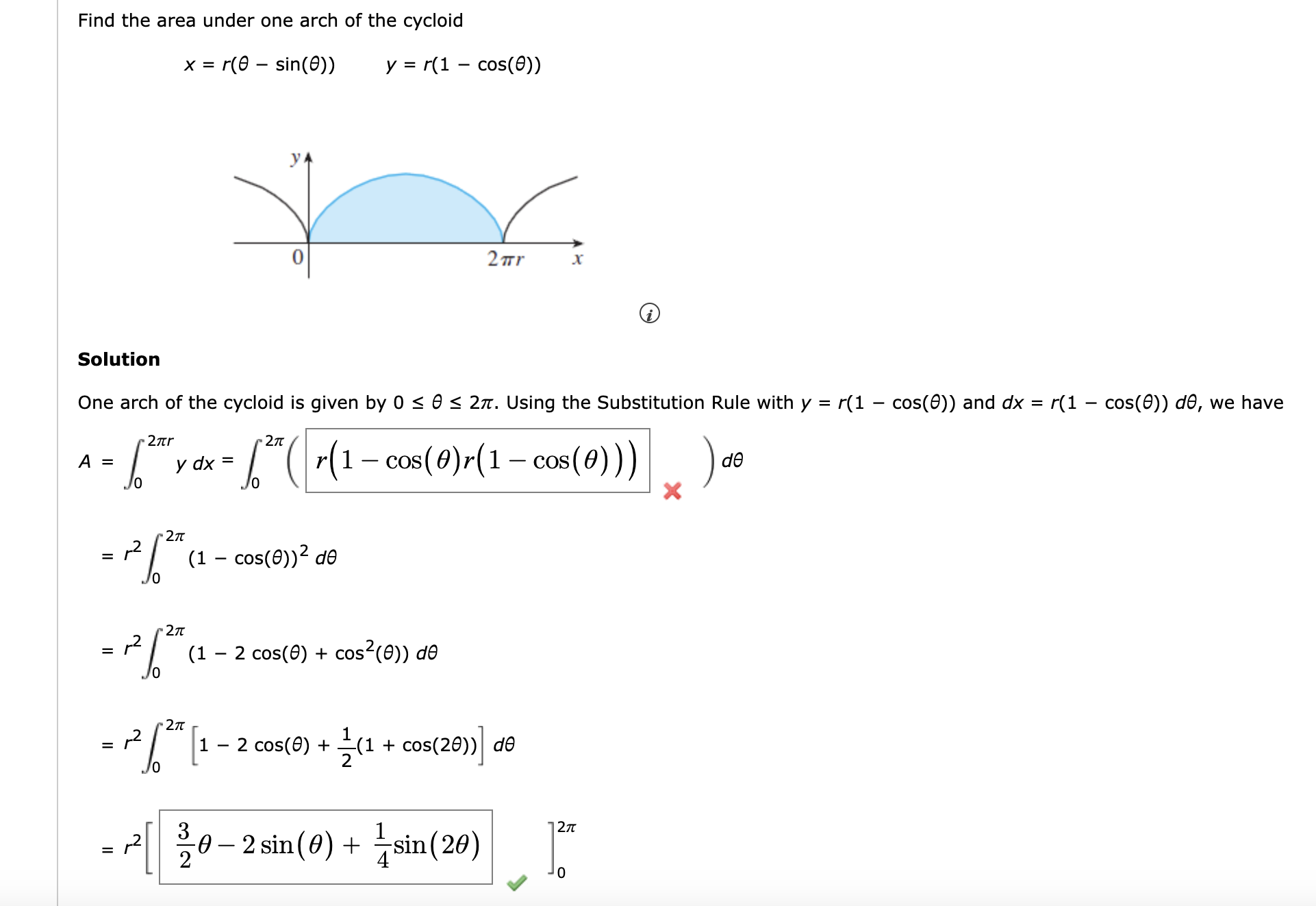 Solved Find the area under one arch of the cycloid | Chegg.com