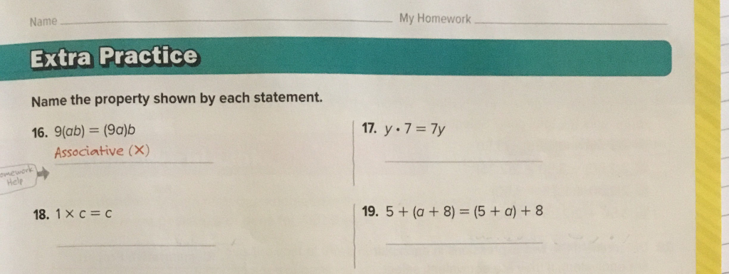 Solved Name My Homework Extra Practice Name the property | Chegg.com