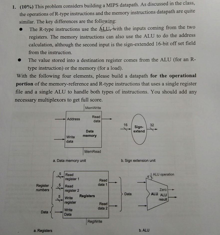 Solved 1. (10\%) This problem considers building a MIPS | Chegg.com