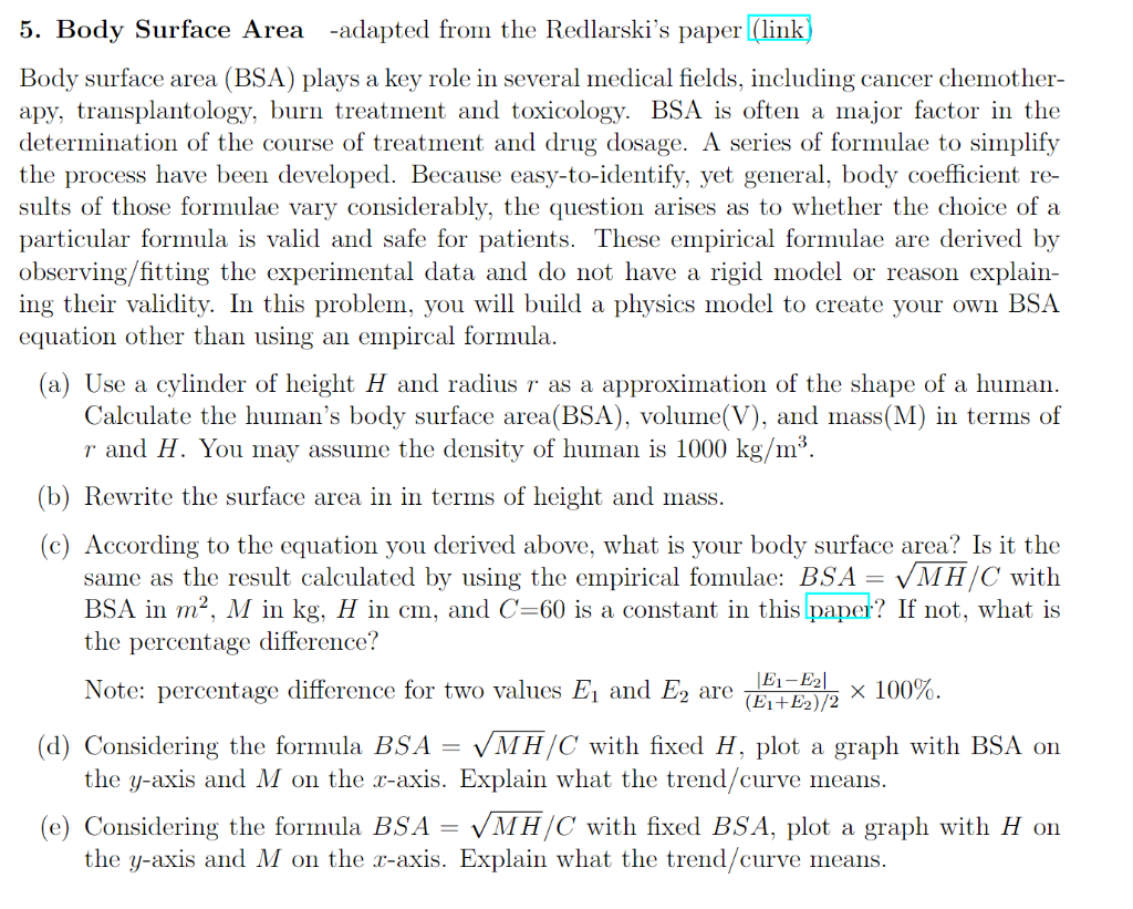 Solved 5. Body Surface Area -adapted from the Redlarski's | Chegg.com