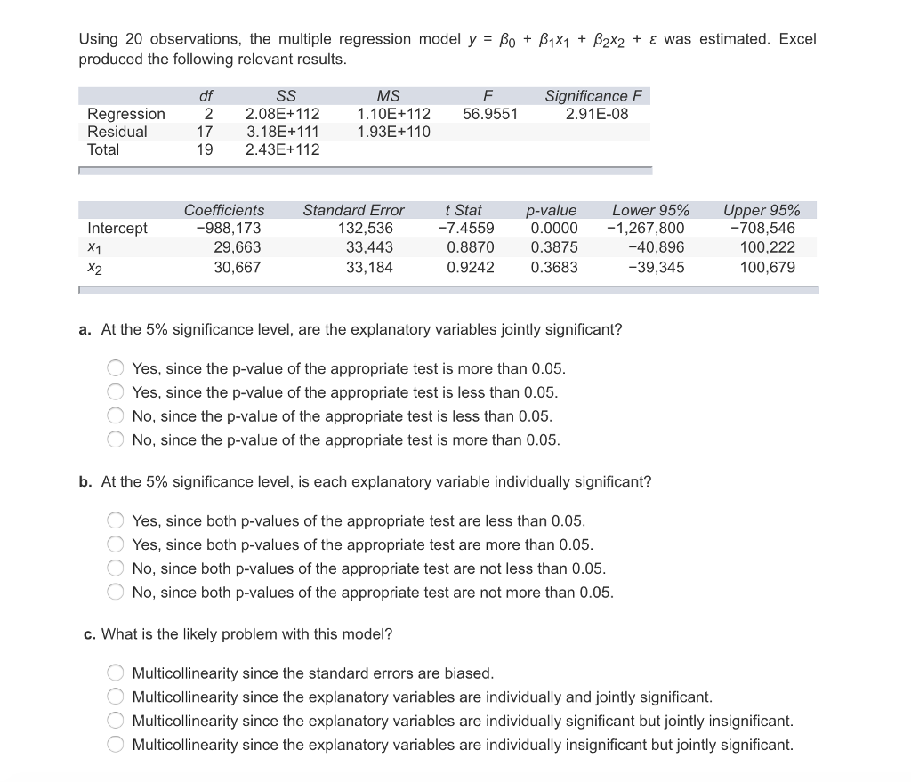 Solved Using 20 observations, the multiple regression model | Chegg.com