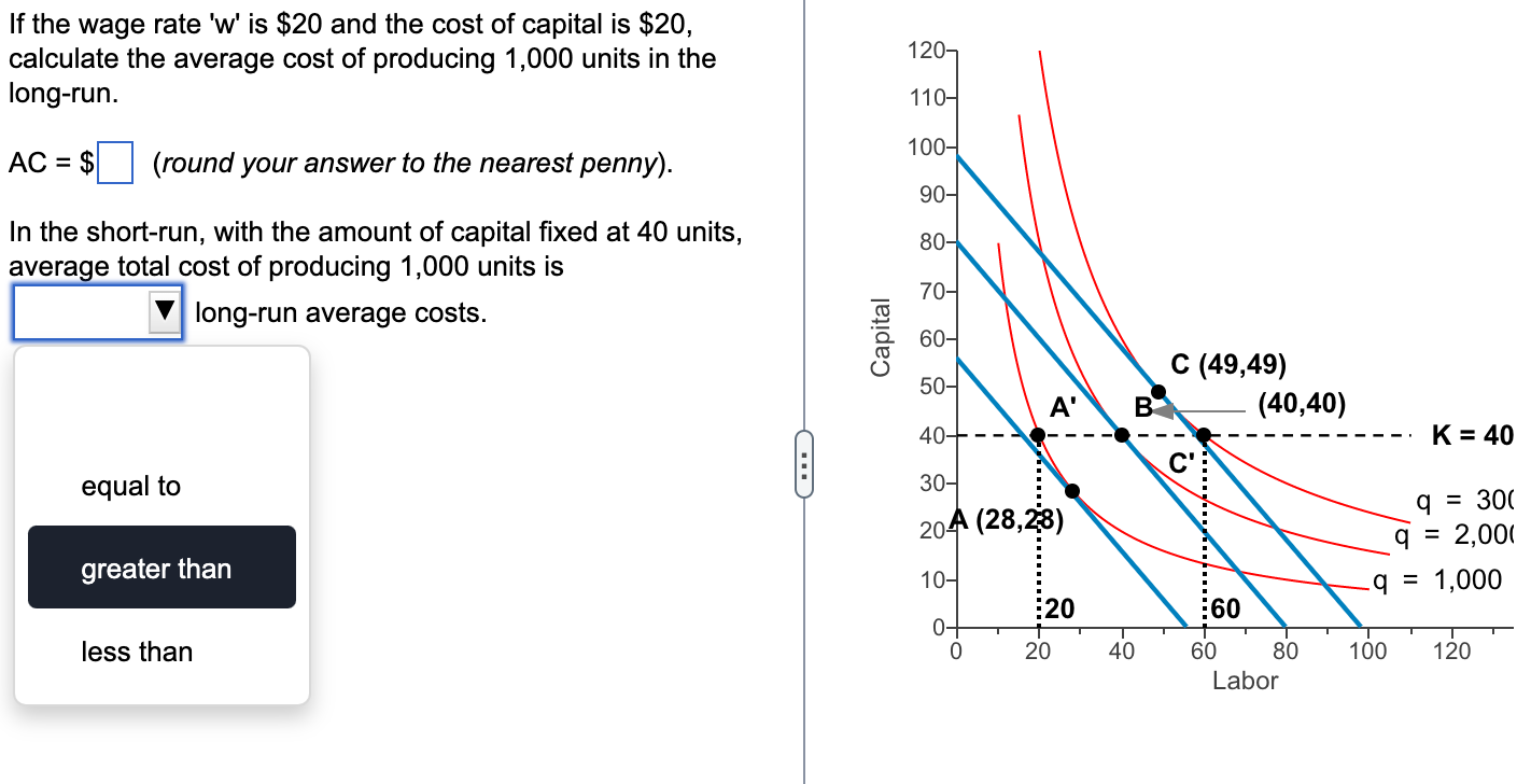 If the wage rate ' w ' is $20 and the cost of capital | Chegg.com