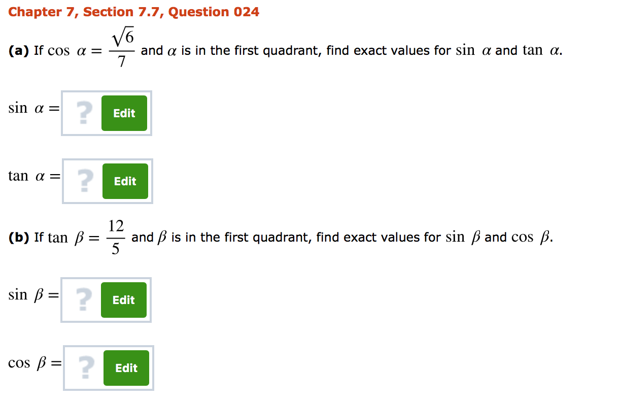 Solved Chapter 7, Section 7.7, Question 024 (a) If cos a = - | Chegg.com