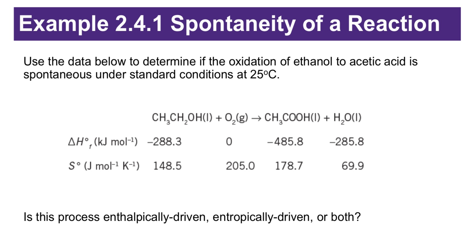 Solved Example 2.4.1 Spontaneity of a Reaction Use the data | Chegg.com