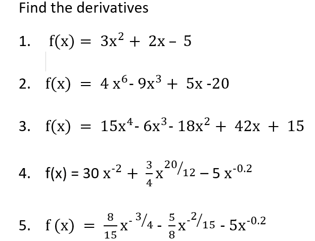 Solved Find the derivatives 1. f(x) = 3x2 + 2x - 5 2. f(x) = | Chegg.com