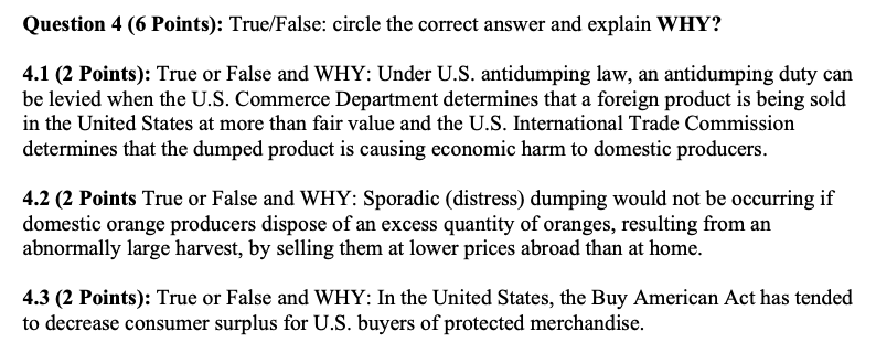 Solved Question 4 (6 Points): True/False: circle the correct | Chegg.com
