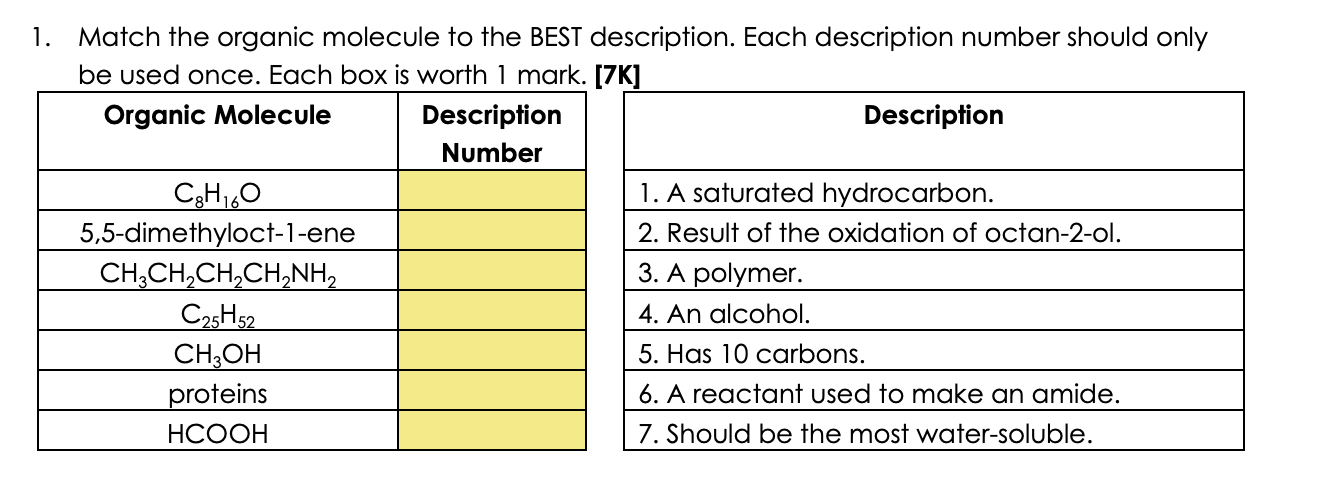 Solved Match the organic molecule to the BEST description. | Chegg.com