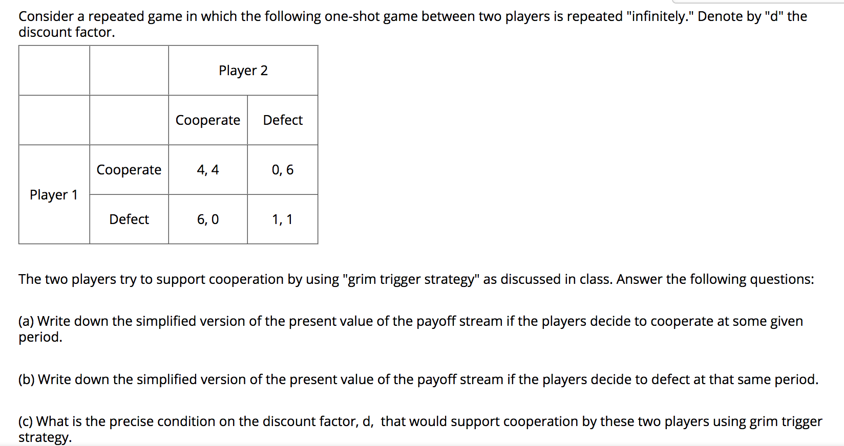 Solved Consider a repeated game in which the following | Chegg.com