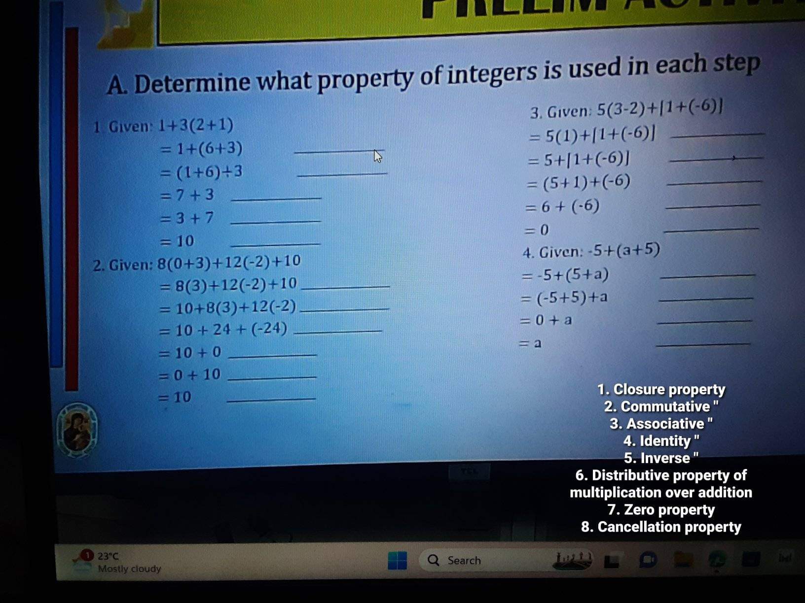 Solved A. Determine what property of integers is used in | Chegg.com