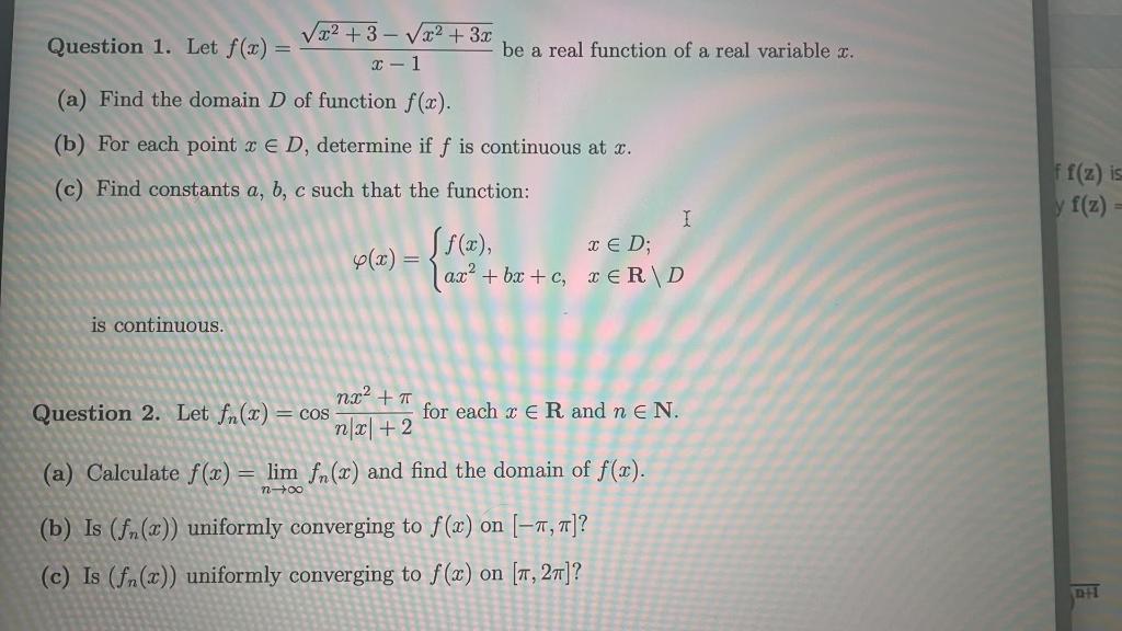 Solved Question 1. Let f(x)=x−1x2+3−x2+3x be a real function | Chegg.com